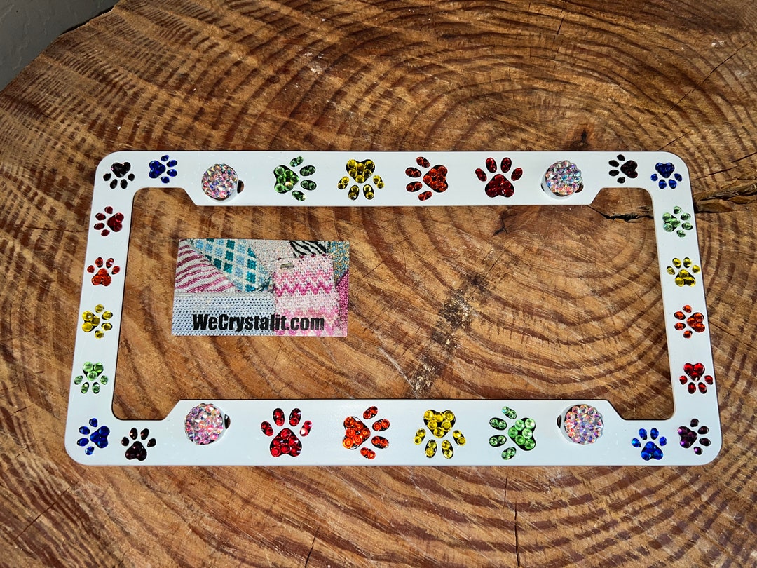 Dog Puppy Paws Rainbow Crystal Sparkle Auto Bling Rhinestone License ...