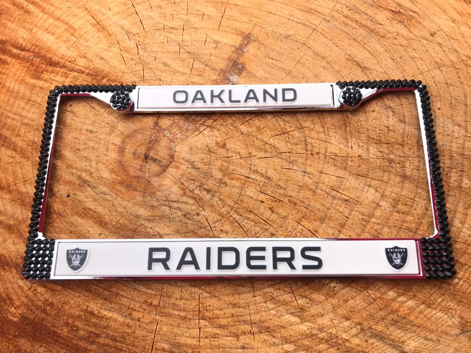 Oakland Raiders License Jet Black Crystal Sport Silver Frame Sparkle ...
