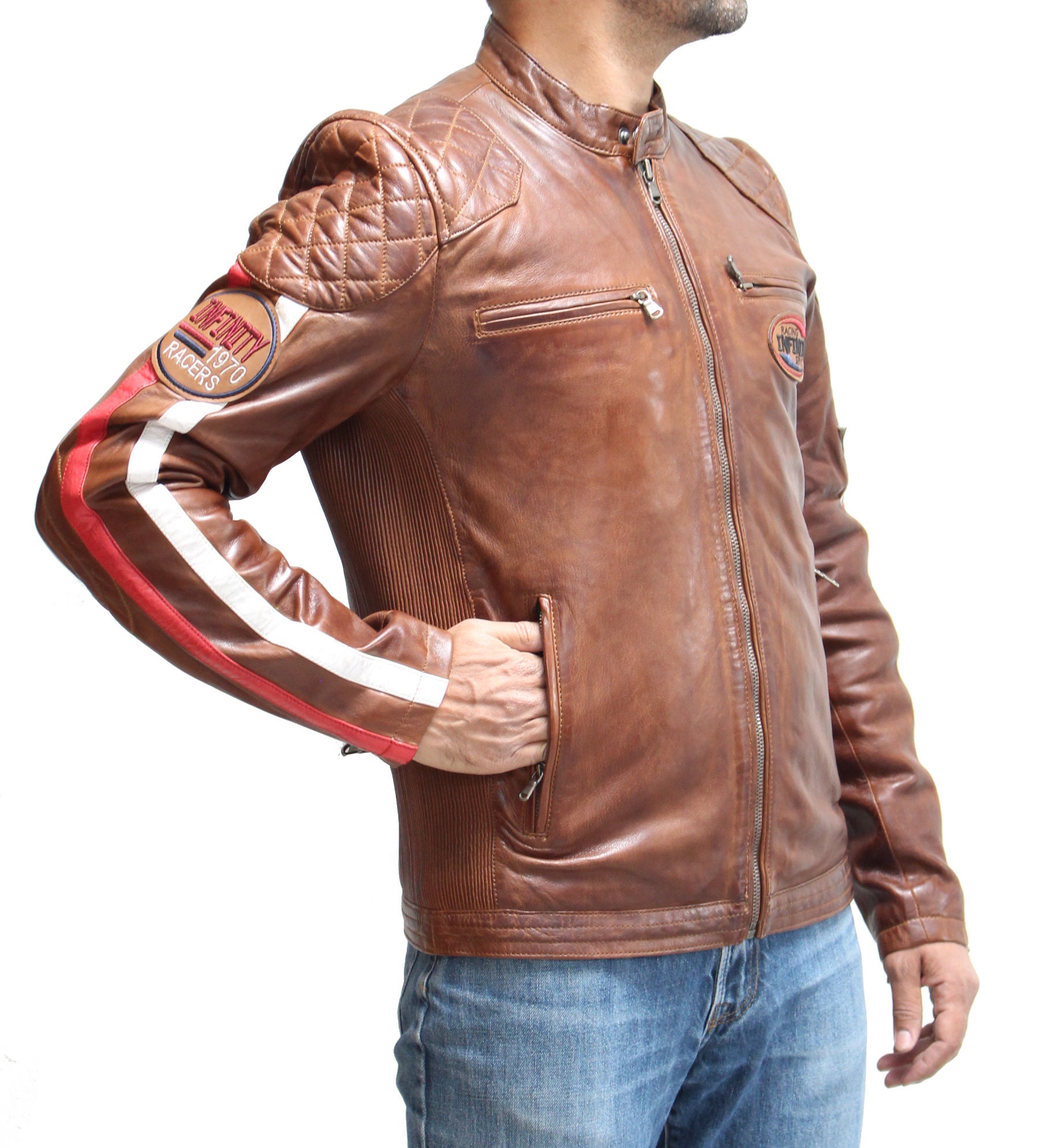Mens Quilted Racing Leather Jacket With White and Red Stripes ...