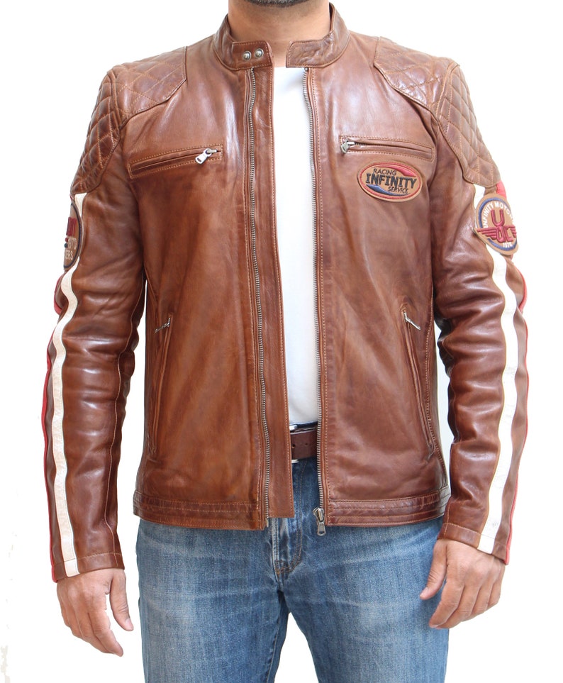 Mens Quilted Racing Leather Jacket With White and Red Stripes ...