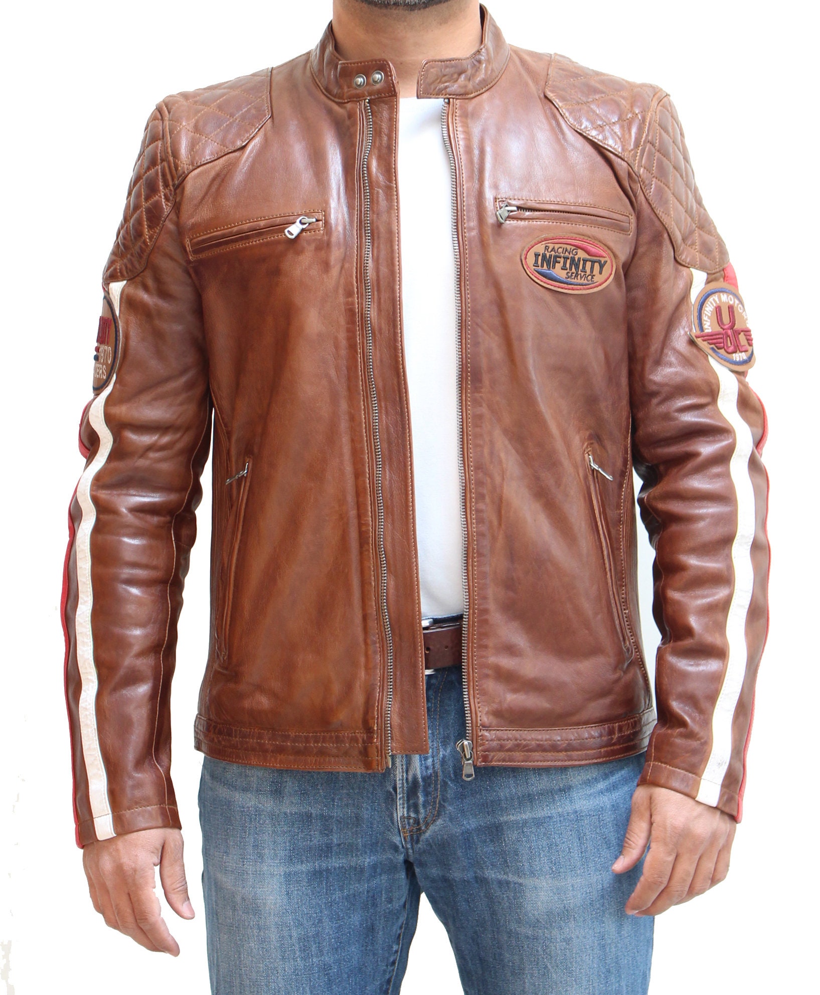 Mens Quilted Racing Leather Jacket With White and Red Stripes ...