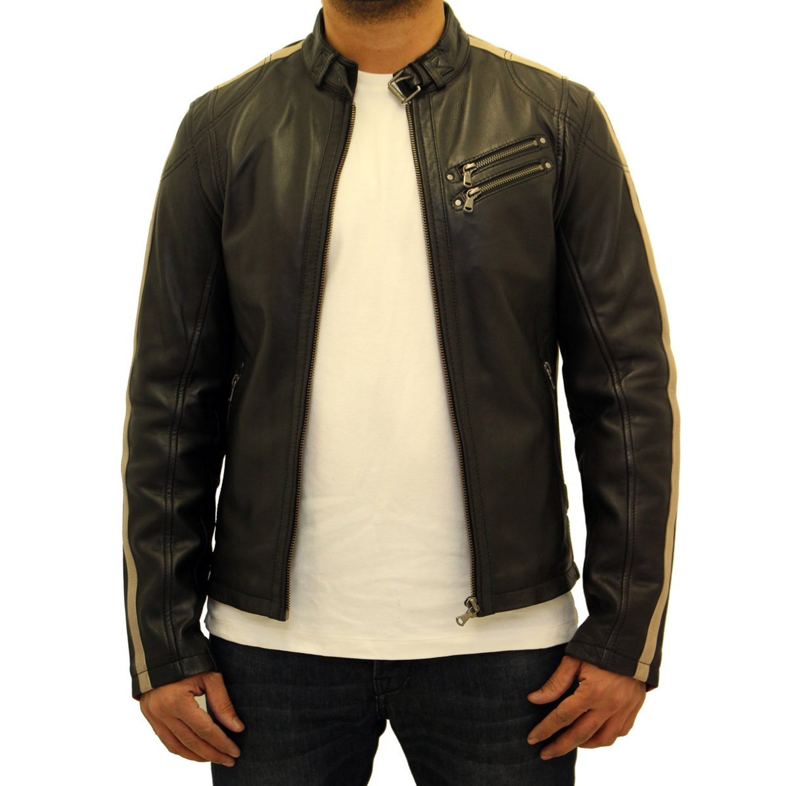 Mens Leather Biker Jacket With Racing Stripes in Red and Cream Down the ...