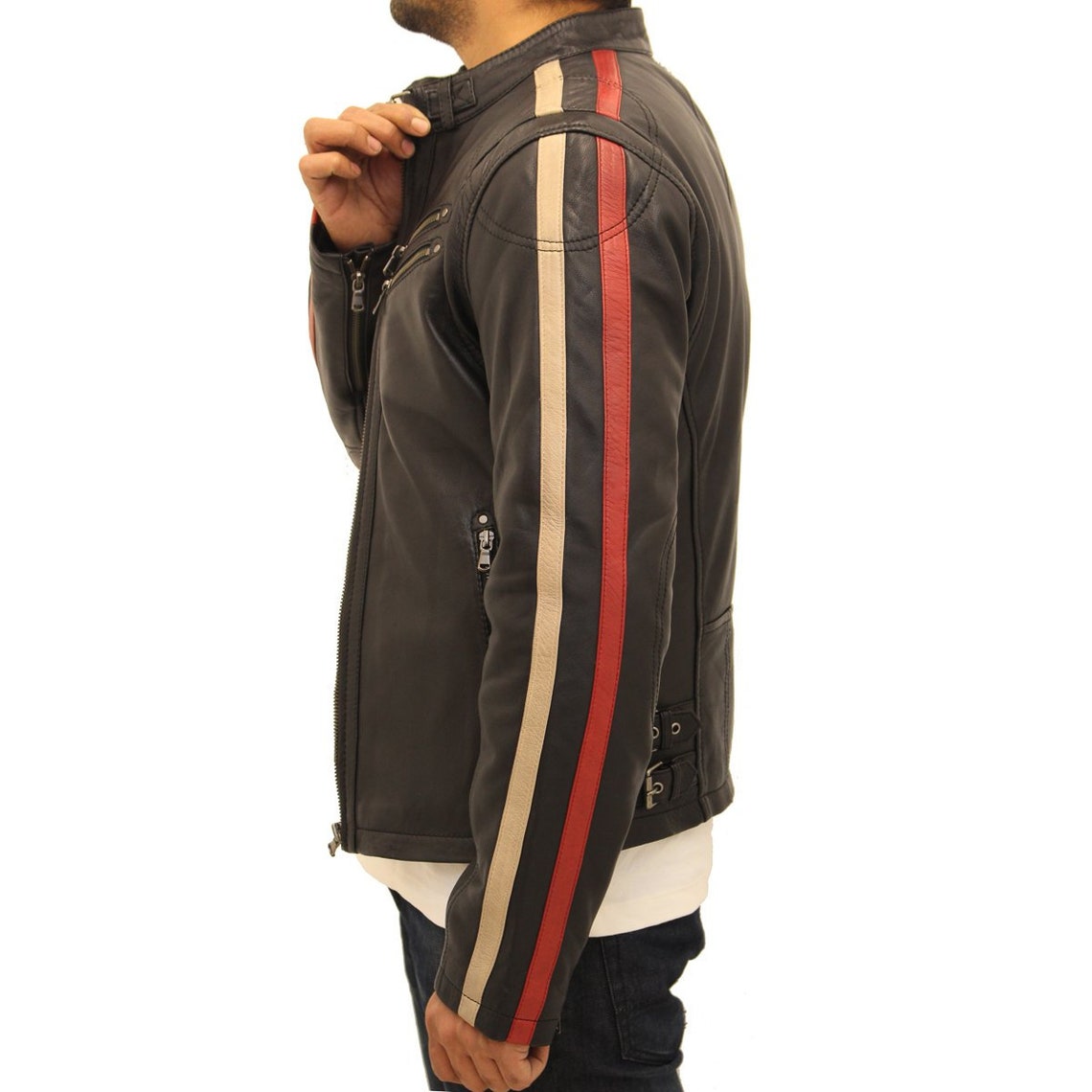 Mens Leather Biker Jacket With Racing Stripes in Red and Cream Down the ...