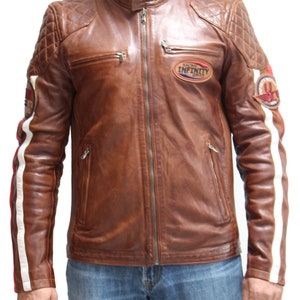 Mens Quilted Racing Leather Jacket With White and Red Stripes ...