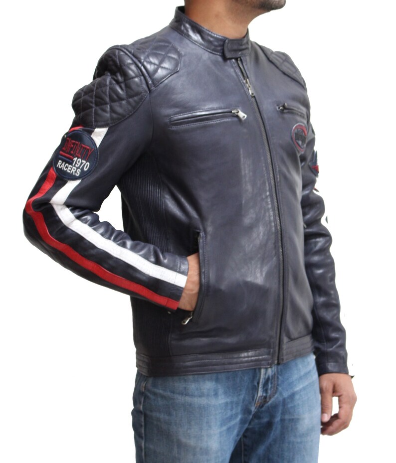 Mens Quilted Racing Leather Jacket With White and Red Stripes ...