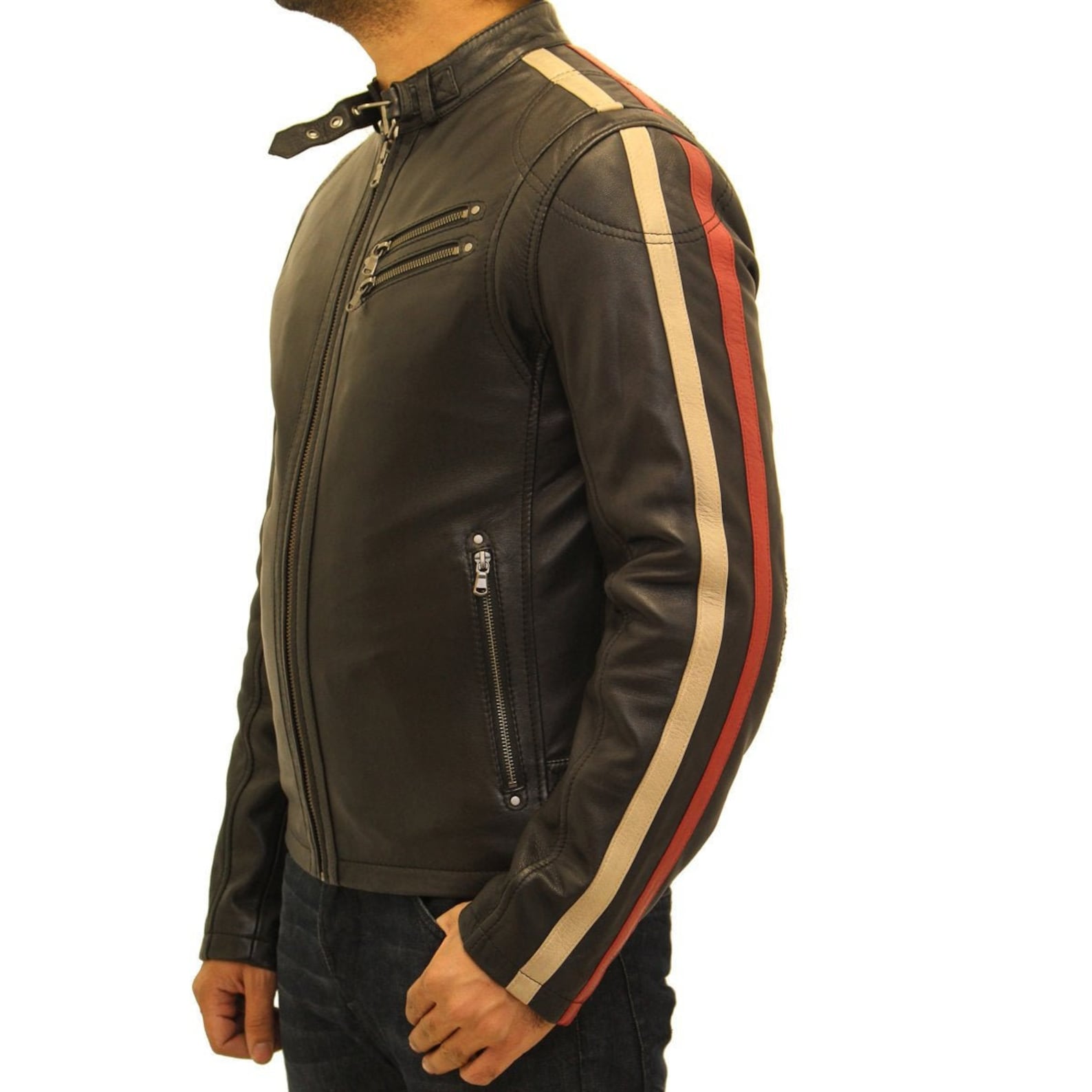 Mens Leather Biker Jacket With Racing Stripes in Red and Cream - Etsy UK