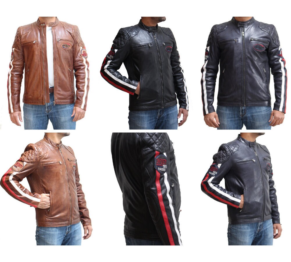 Mens Quilted Racing Leather Jacket With White and Red Stripes ...