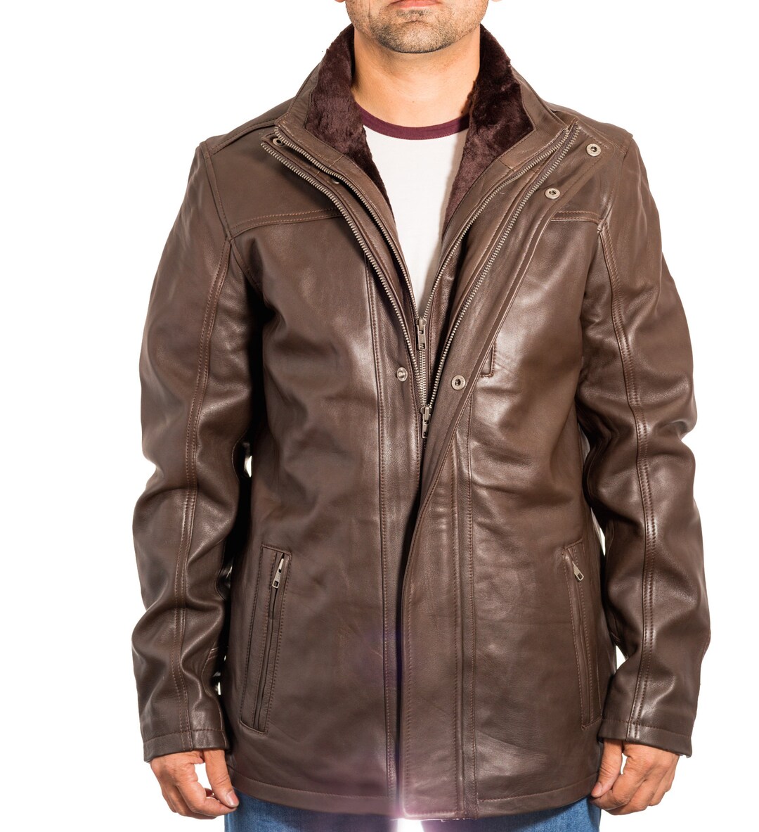 Men's Stylish Leather Winter Coat: Long, Double Collar, With Removable ...
