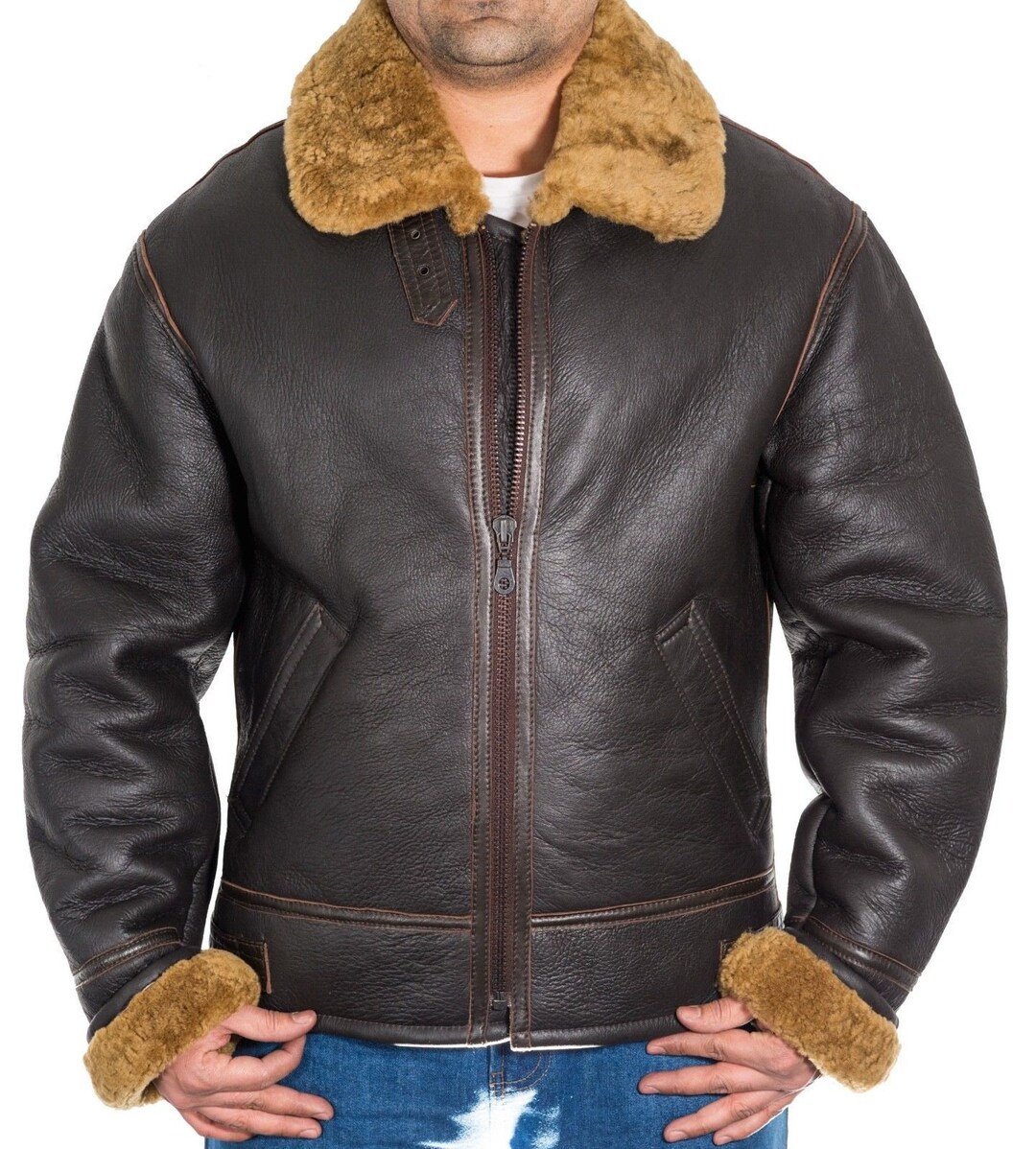 Men's Brown Ginger Fur Top B-3 Aviator Sheepskin Pilot Ww2 Flying ...
