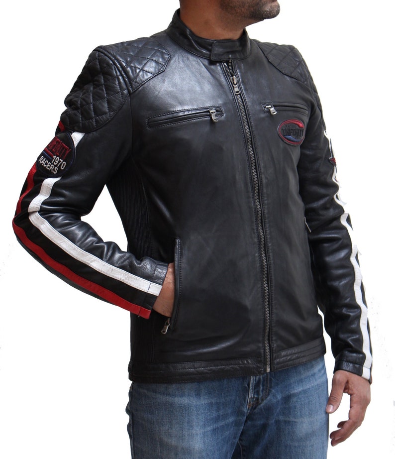 Mens Quilted Racing Leather Jacket With White and Red Stripes ...