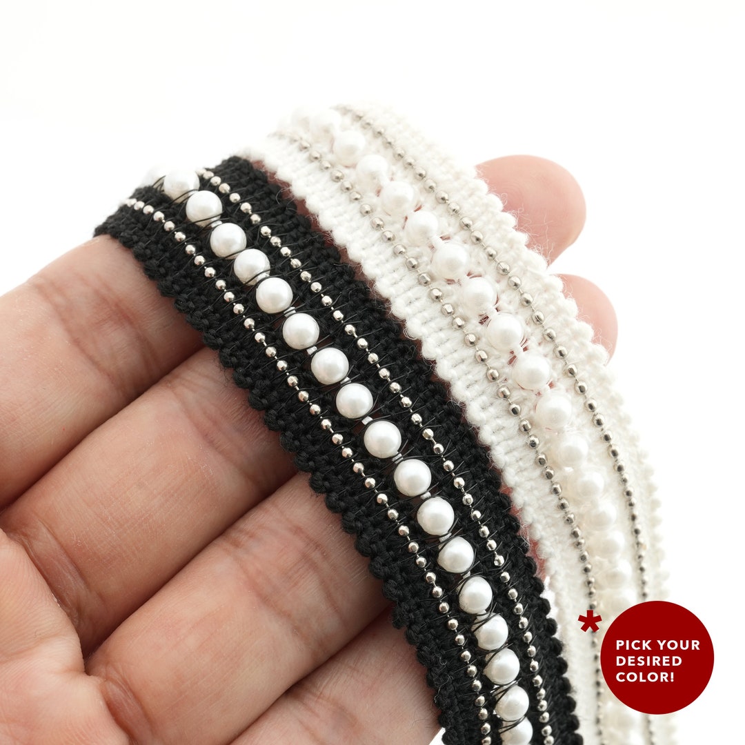 Pearl Bead Lace Edge Trim Ribbon Faux Pearl on Fabric Trimmings ...