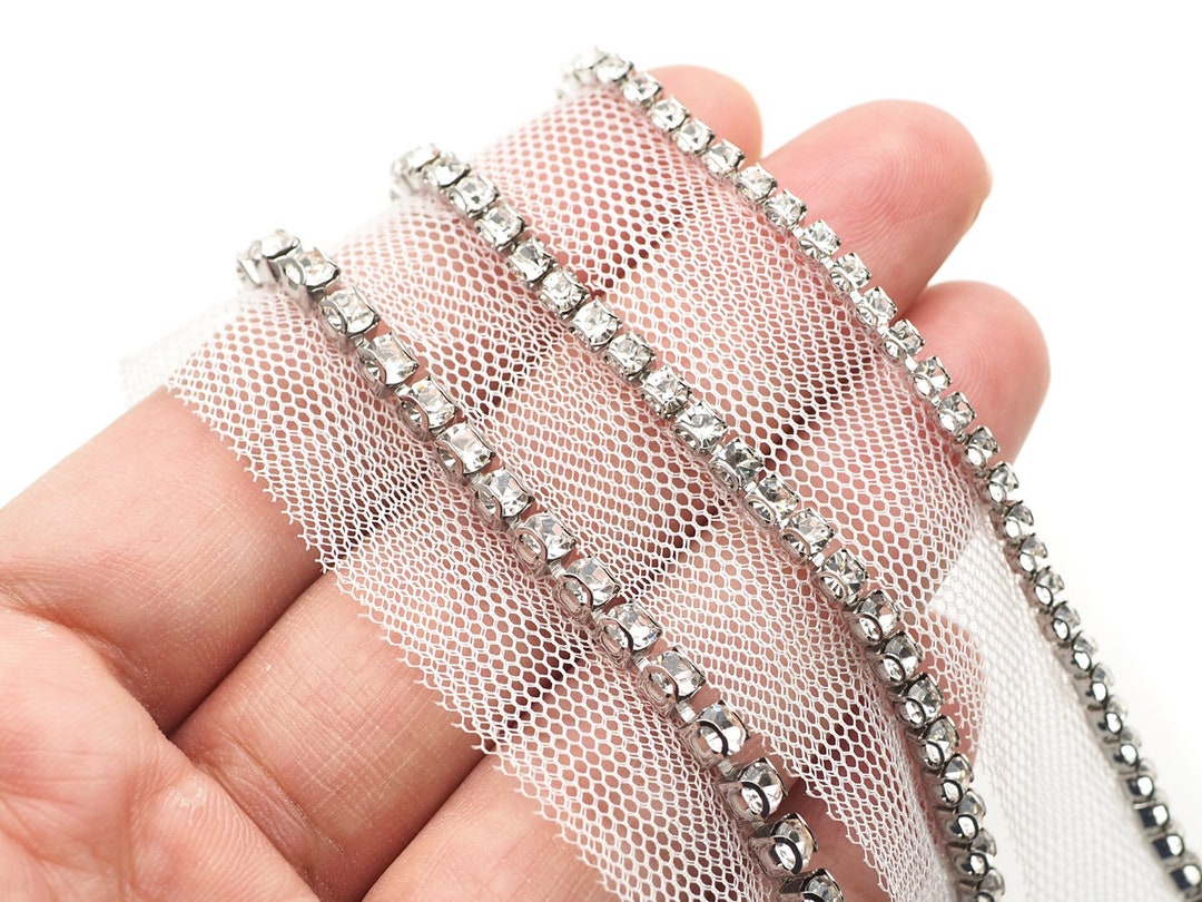 Clear Rhinestone Trim Silver Tone With Net, Crystal Trim, Rhinestone ...