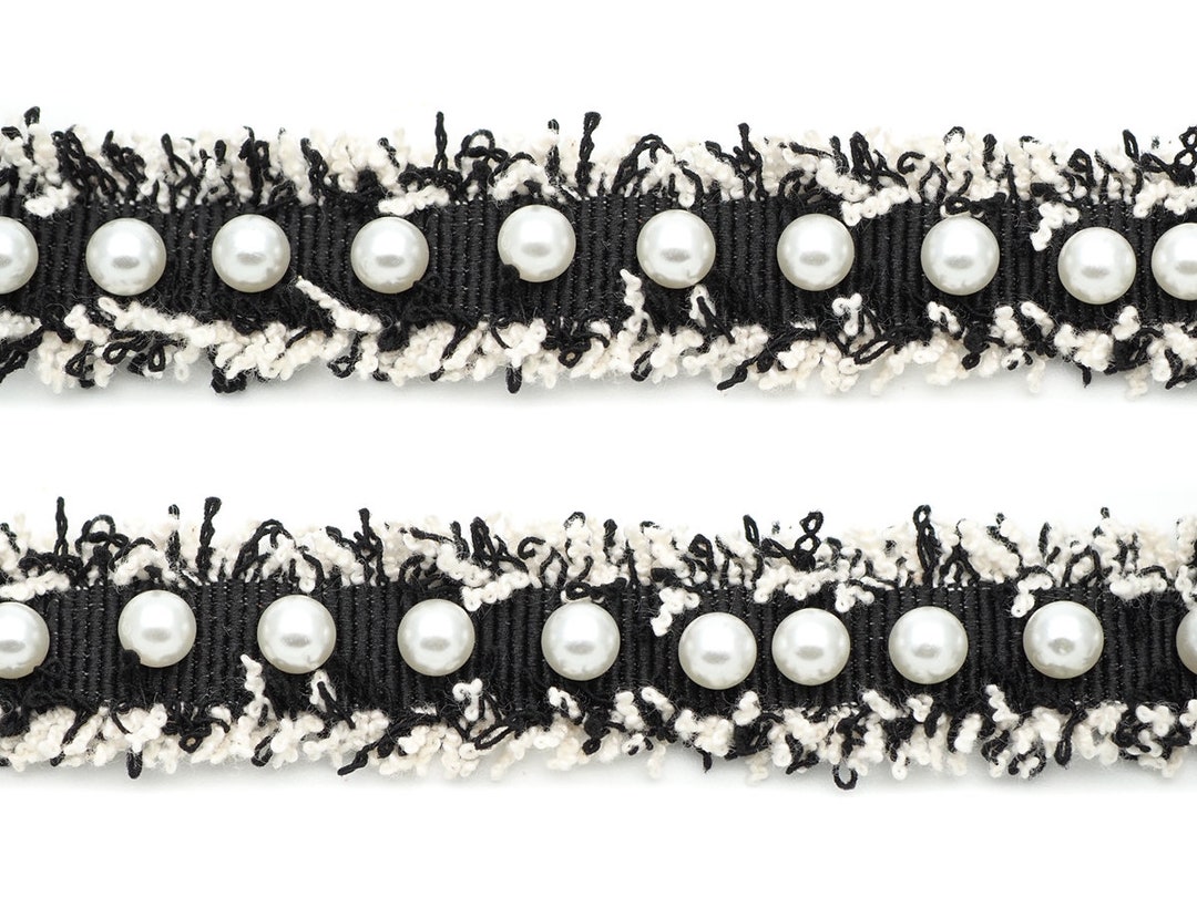 Pearl Bead Lace Edge Trim Ribbon Faux Pearl on Tweed Fabric Trimmings ...