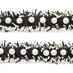 Pearl Bead Lace Edge Trim Ribbon Faux Pearl on Tweed Fabric Trimmings ...