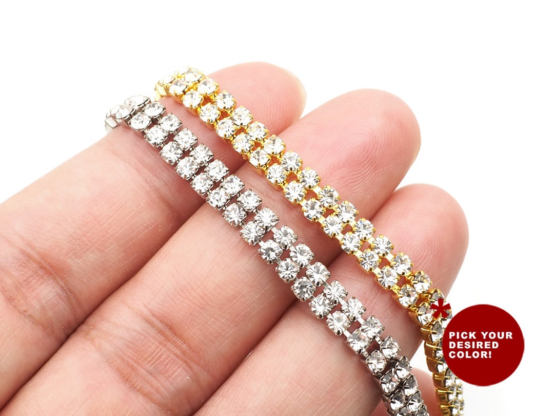 2 Rows Clear Rhinestone Trim Silver Gold Tone, Crystal Trim, Rhinestone ...
