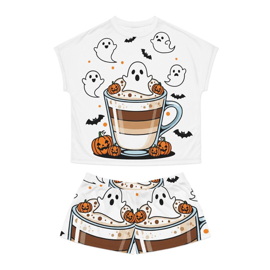 Halloween Ghost Pajama Set, Cute Spooky Sleepwear, Women's Short Pjs ...