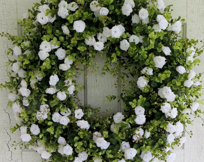 White Rose Wreath, Front Door Wreath, Wedding Wreath, Eucalyptus Wreath ...