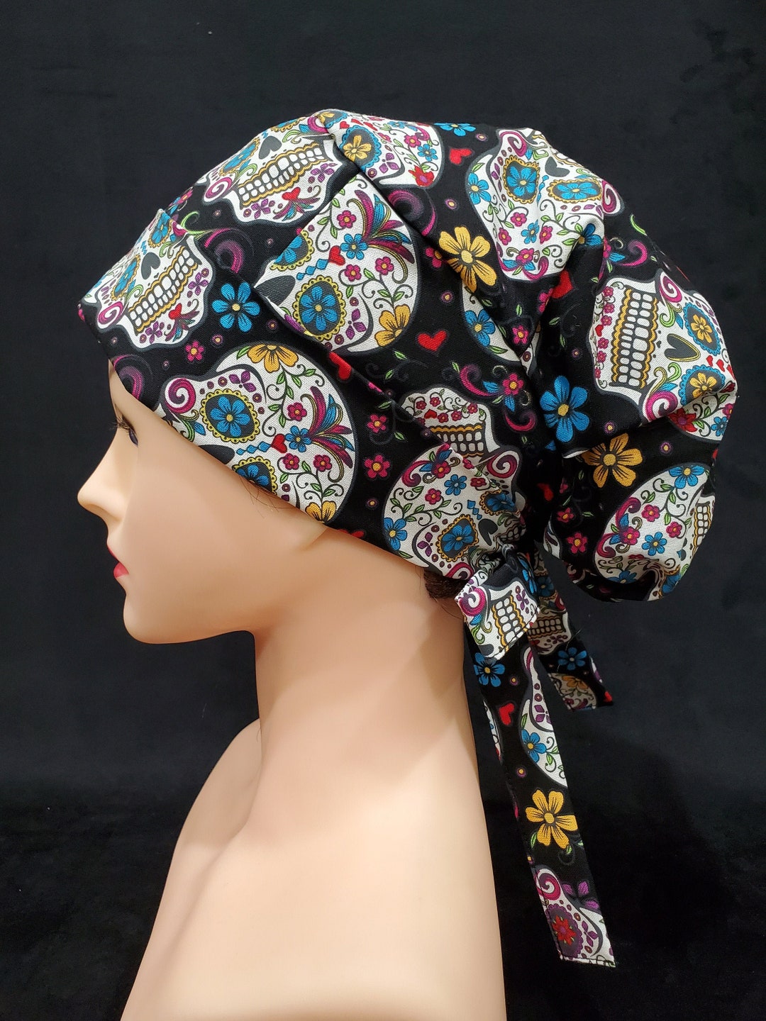 Black Day of the Dead Scrub Cap With Toggle Strap Tie Skull - Etsy