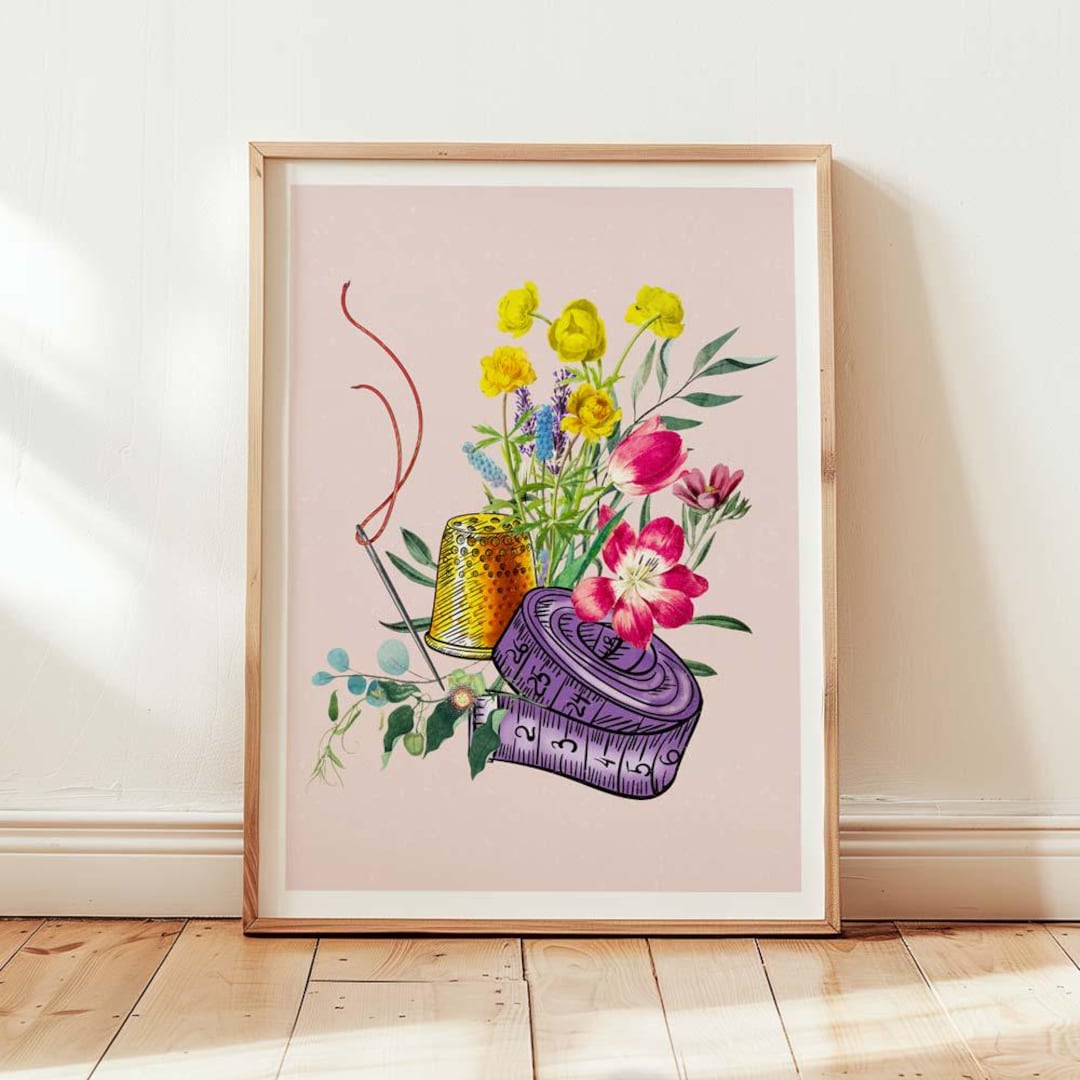 Sewing Objects Print, Measure Tape and Needle, Sewing Decorative Art ...