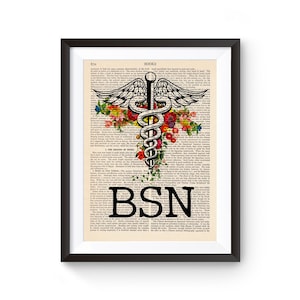 Nurse BSN Illustration, Caduceus Medical Symbol Vintage Book Print ...