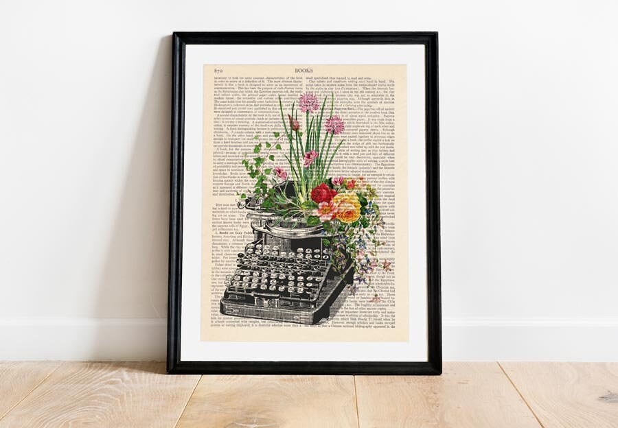 Typewriter Vintage Poster Vintage Illustration / Flowers / Wall Decor ...