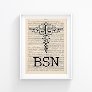 Nurse BSN Illustration, Caduceus Medical Symbol Vintage Book Print ...
