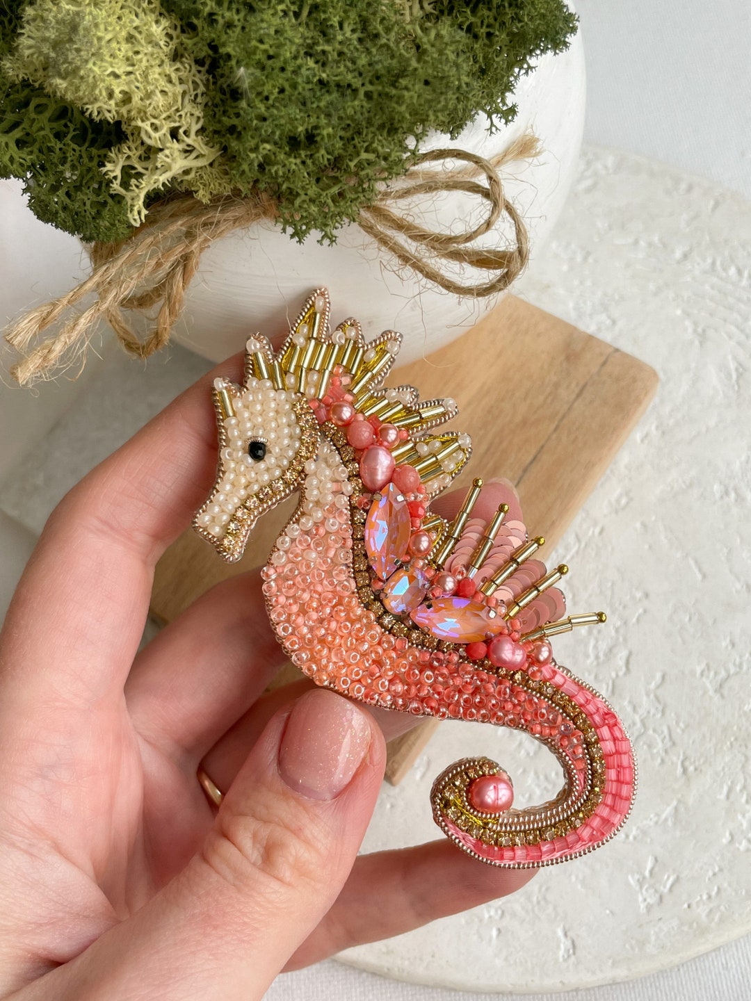 Coral Seahorse Beaded Brooch - Etsy