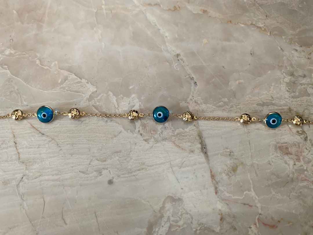 14K Yellow Gold Pretty Round Blue Evil Eye Link Bracelet With Round Etched Beads - Etsy