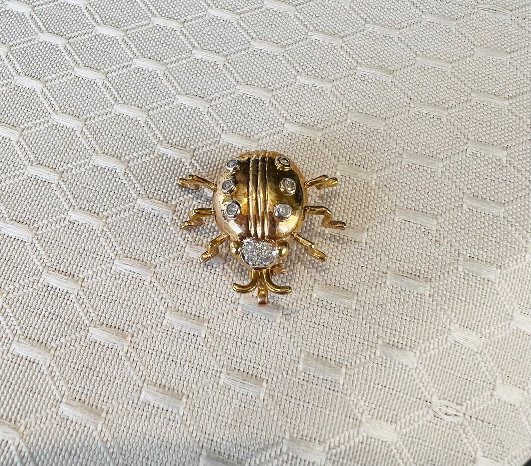 14K Pretty Yellow Gold Lady Bug Pin or Pendant With Round Diamonds and ...
