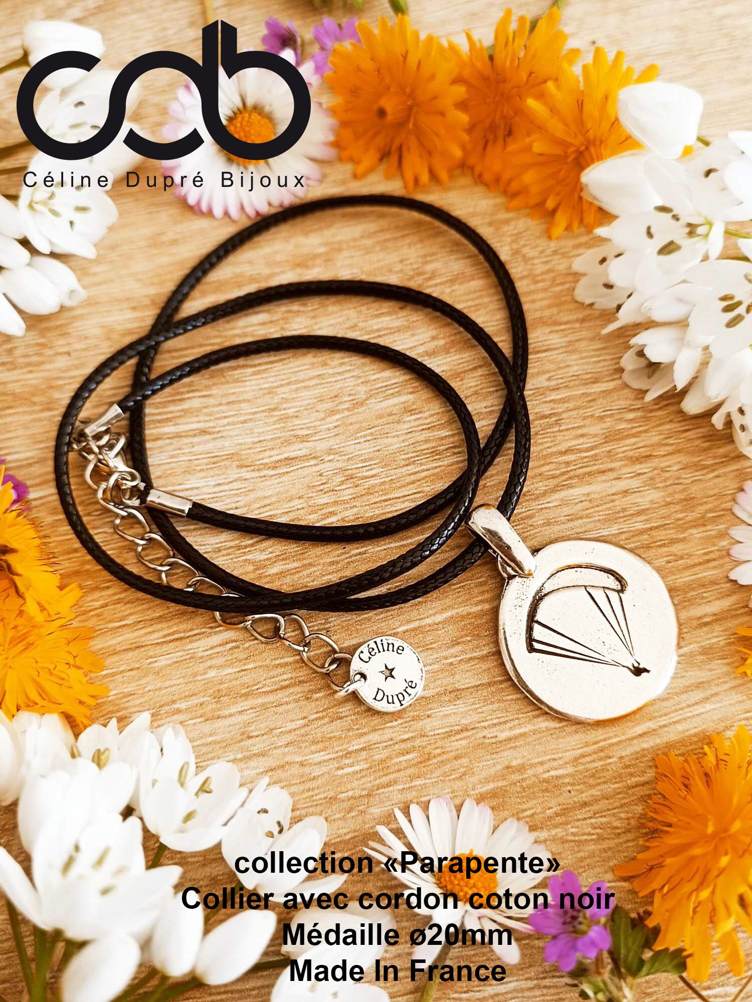 Paragliding necklace - 925 silver finish - Medal and cord color of choice