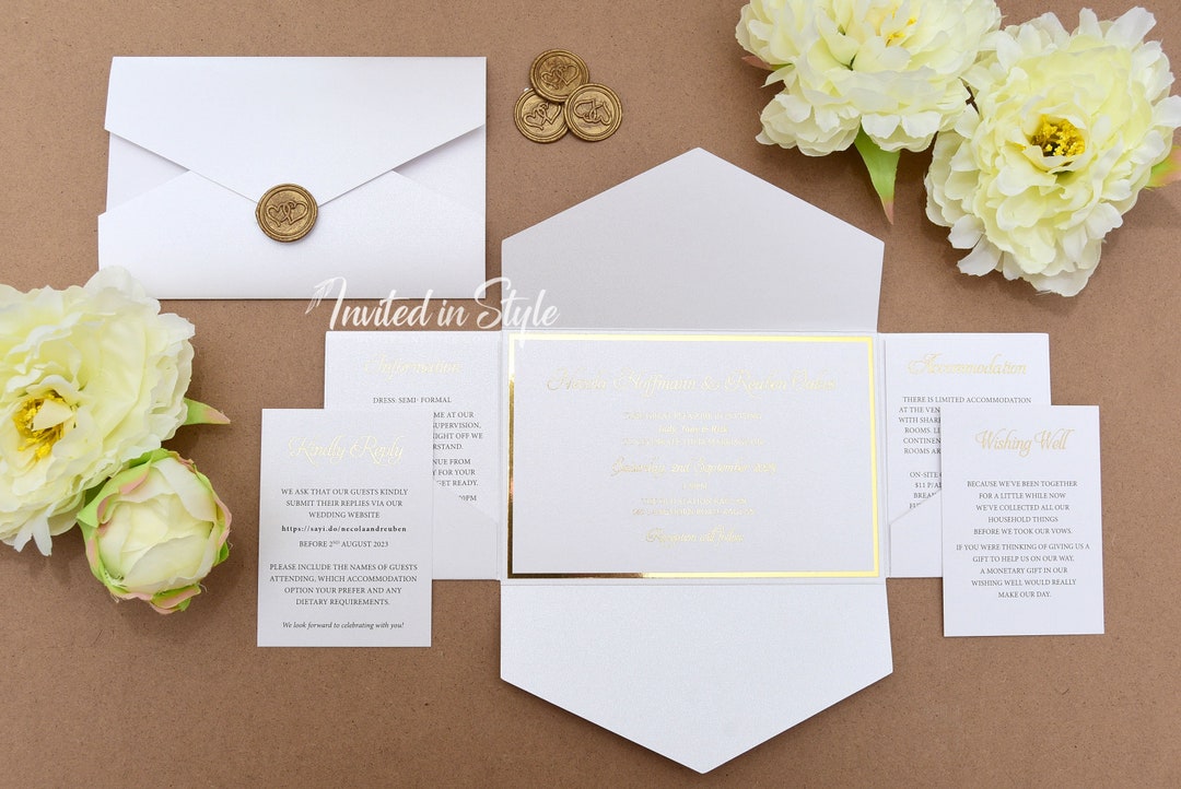 All-in-one Pocket Envelope Wedding Invitation With Shiny Foil - White ...