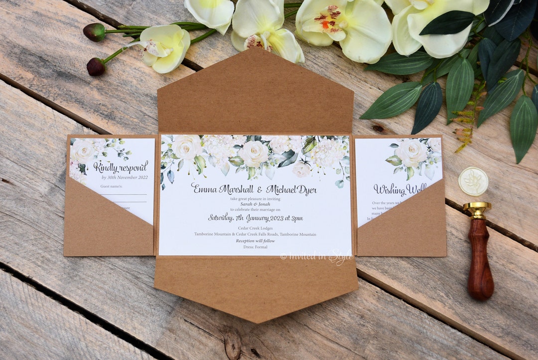 All-in-one Pocket Envelope Wedding Invitation - Kraft/white/green ...