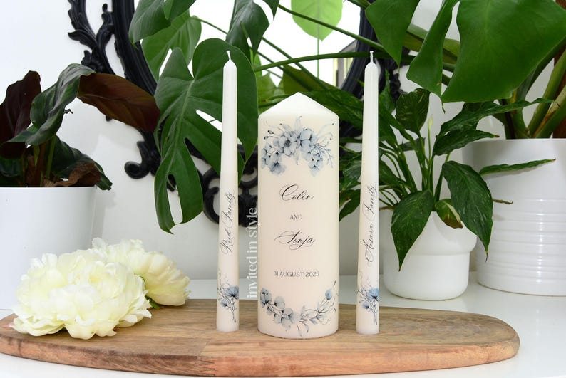 Unity/church/wedding Candles - Set of 3 or 5 - Blue-grey Floral Design ...