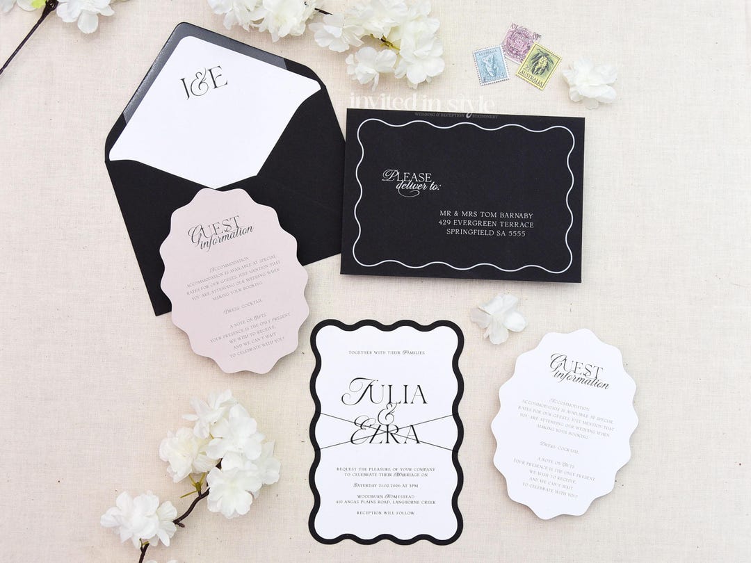Wavy Cut Monochrome Wedding Invitation With Custom Shape Die Cut Card ...