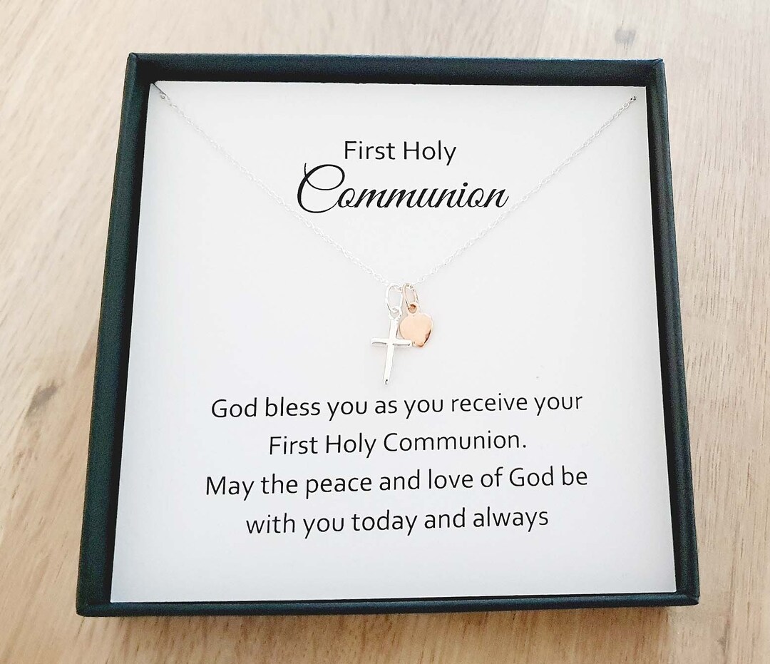 First Holy Communion Cross With Rose Gold Heart Necklace 925 Sterling ...