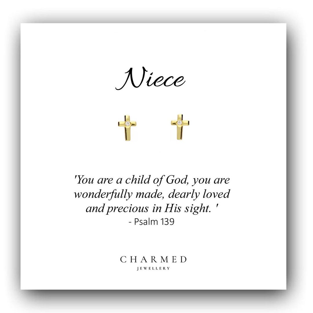 Niece Confirmation Gift: CZ Cross Stud Earrings, 14ct Gold Plated ...