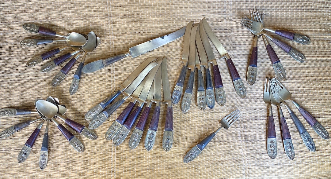 Mid Century Siam Brass and Wood Flatware Cutlery Set of 36 - Etsy