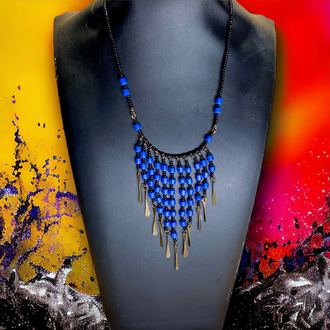 Handcrafted Utamaduni African Art Blue Beaded Collar Dangle Fringe ...