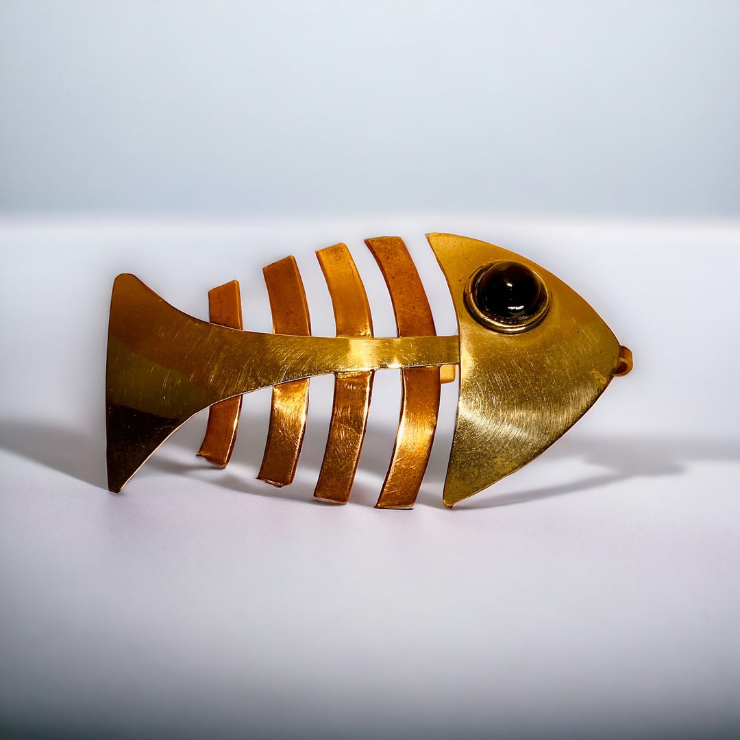 Large Vintage Copper & Chrome Fish Skeleton Brooch Pin Pendant - Etsy