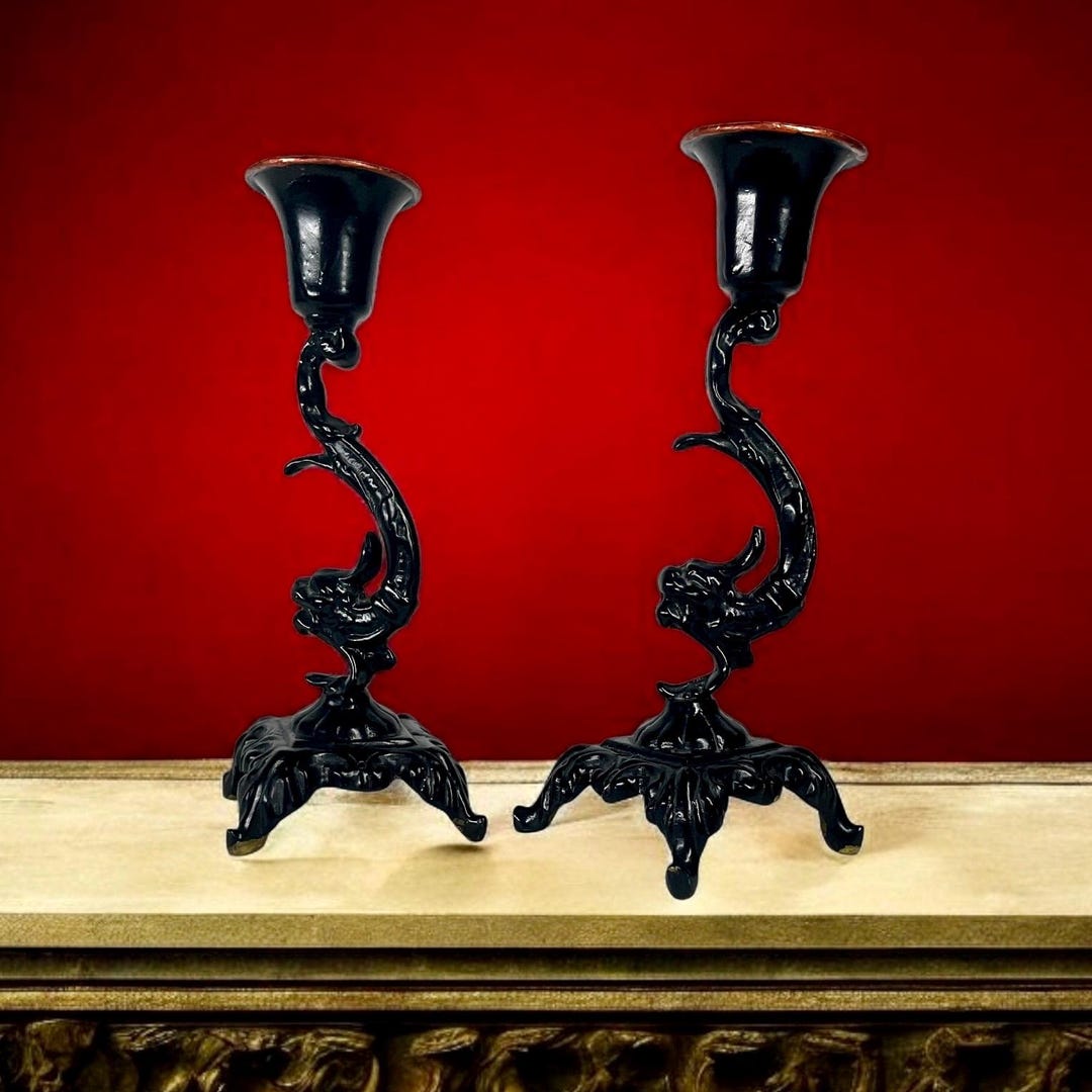 Vintage Gothic Cast Iron Black Enamel Dragon Candlestick Holders - Etsy