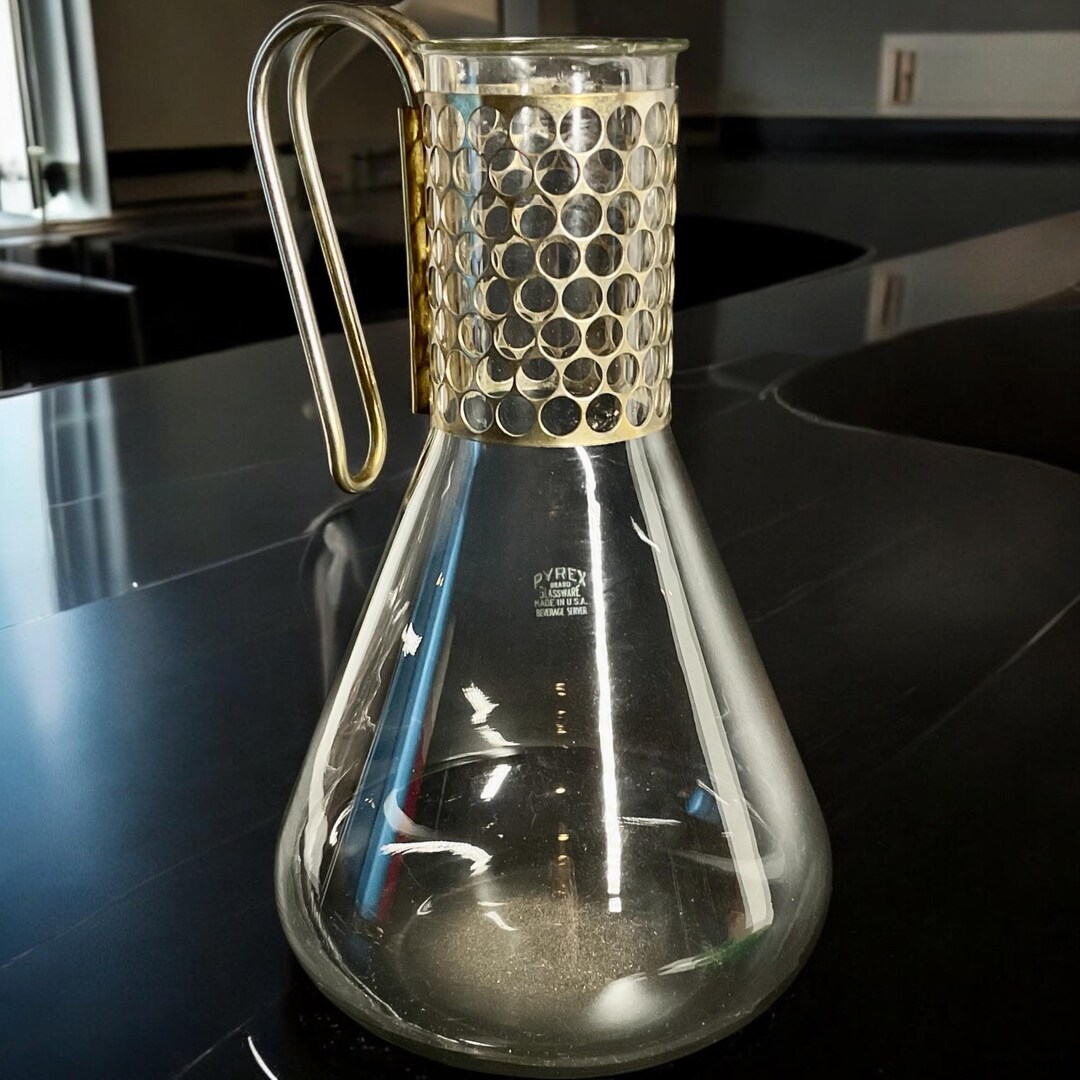 Mid Century Modern Pyrex Clear Glass Beverage Server With Gold Metal ...