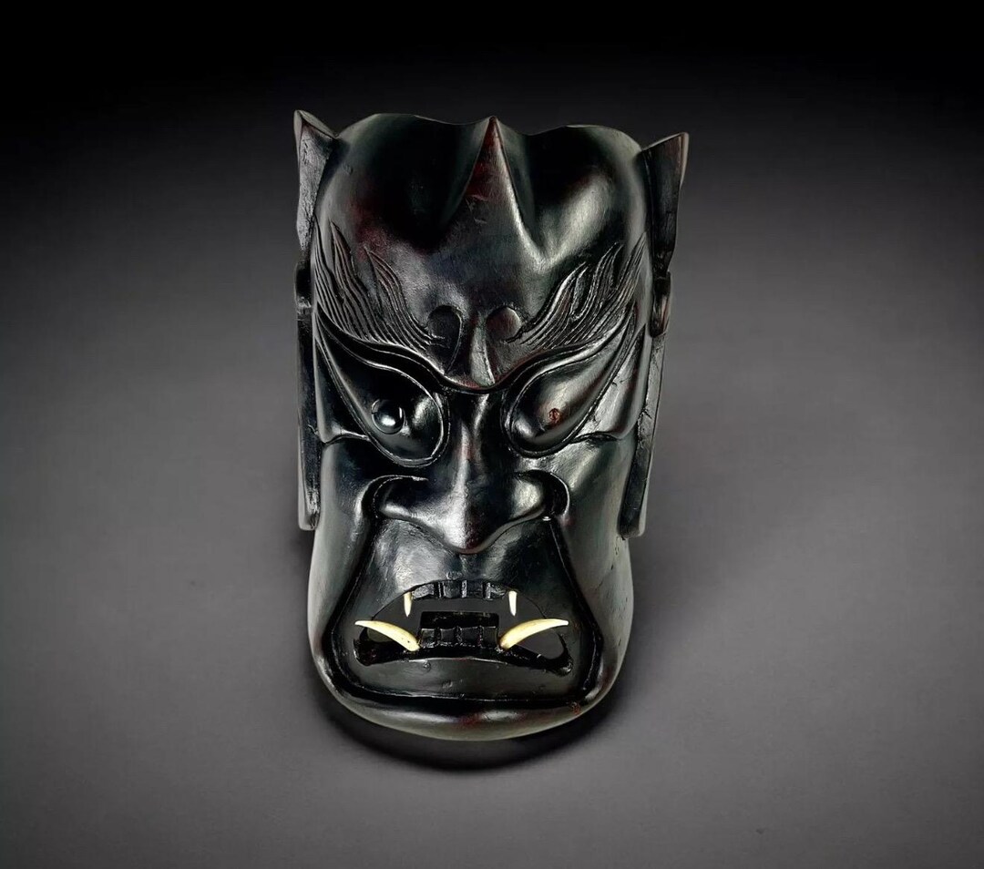 Vintage Hand Carved Wooden Hanna Oni Demon Mask Omen Noah Mask Wall Art ...