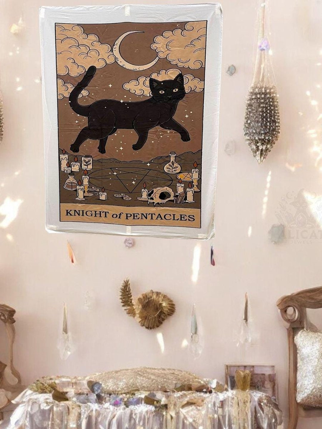 Knight of Pentacles Black Cat Tarot Card Tapestry for Wiccan Pagan ...