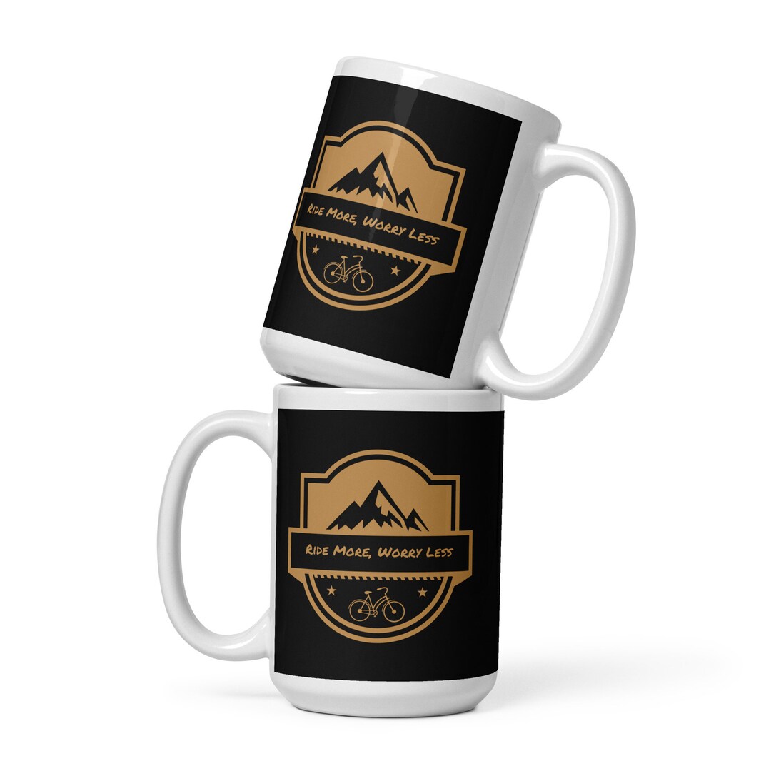 Ride More, Worry Less Goldish MTB Design on White Mug With Black ...