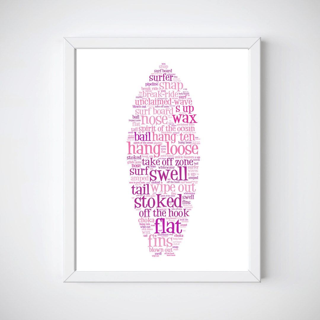 Surfboard Word Art Print: Pink Surfing Terms, Beach Decor - Etsy