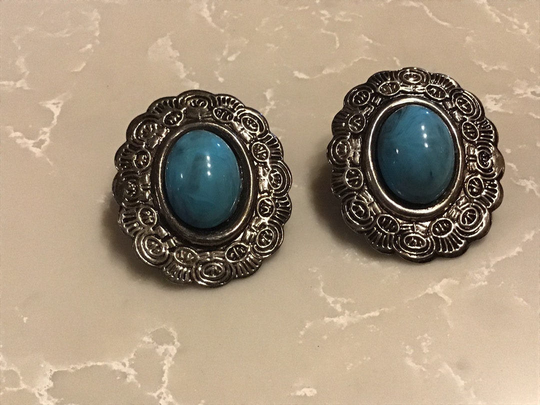 Oval Concho Silver and Turquoise Vintage Clip on Earrings, Ships From ...