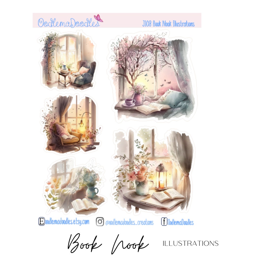 Book Nook Illustration Planner Sticker, Reading, Read, Cosy ...