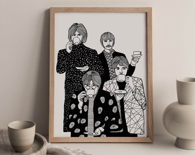The Beatles Drinking Tea Print - Black & White Line Drawing on Bamboo ...