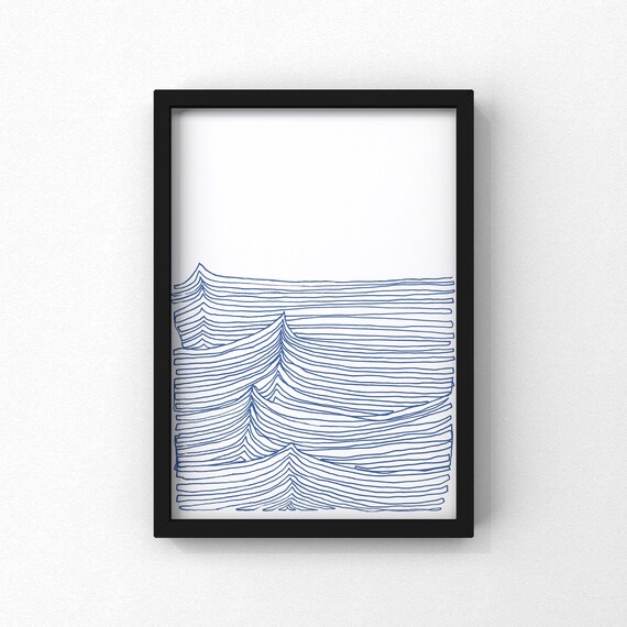 Simple Blue Line Drawing Ocean Art Print Waves Continuous - Etsy