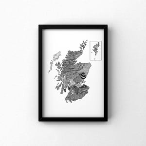 Scotland Map Art Print - Black and White Fine Liner Illustration on ...